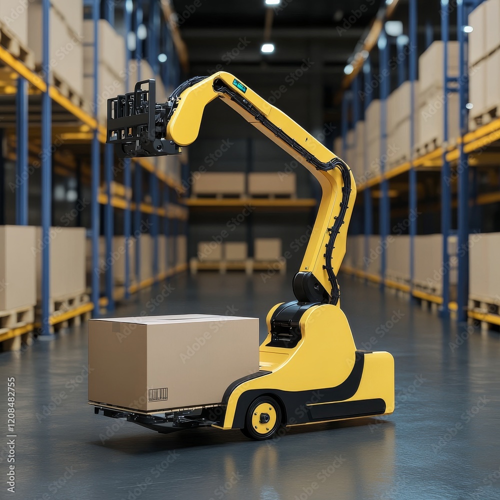 autonomus robot truck forklift loading a box no humans warehouse Stock ...