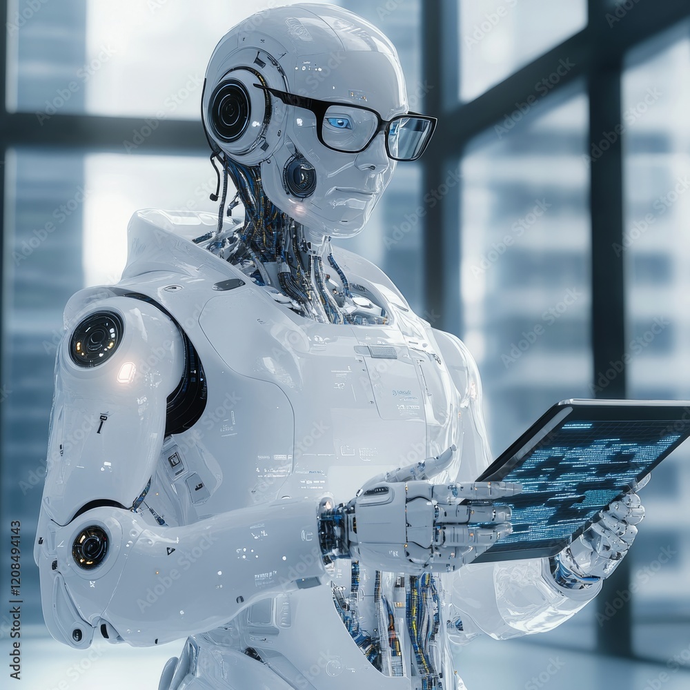 Hyper Realistic robot stands in glasses and a robe and works on a ...