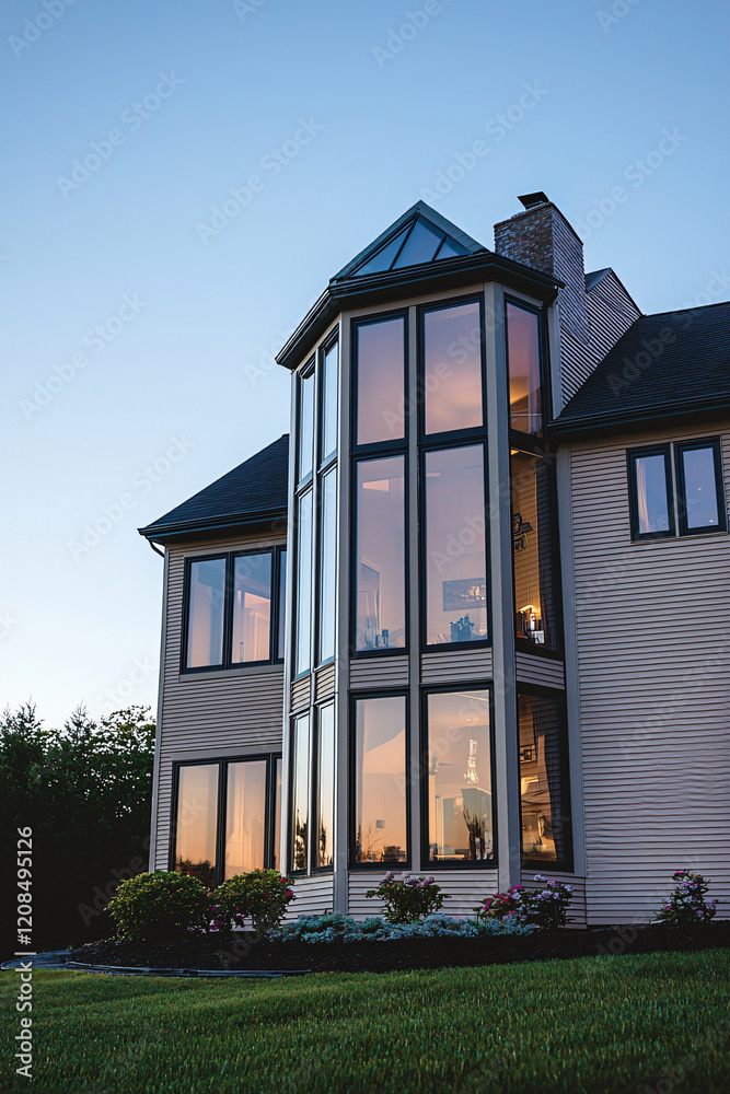 transitional colonial house exterior, mixed materials, geometric ...