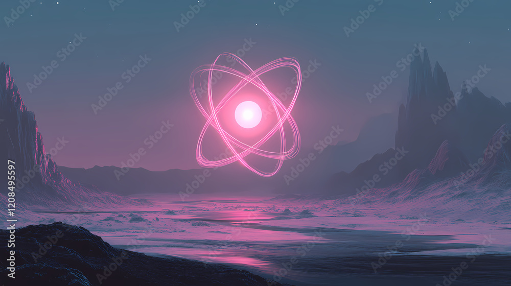 Minimalist representation of an atom, with simple orbits and a glowing ...