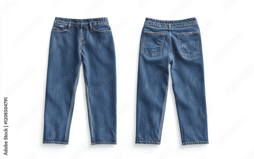 Relaxed-fit blue jeans mockup, medium wash, front and back view, neatly ...