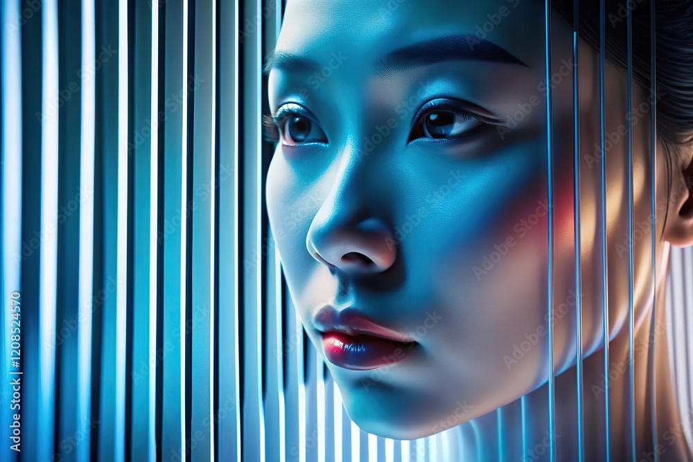 Abstract woman portrait with glass texture. Glitched and corrupted ...