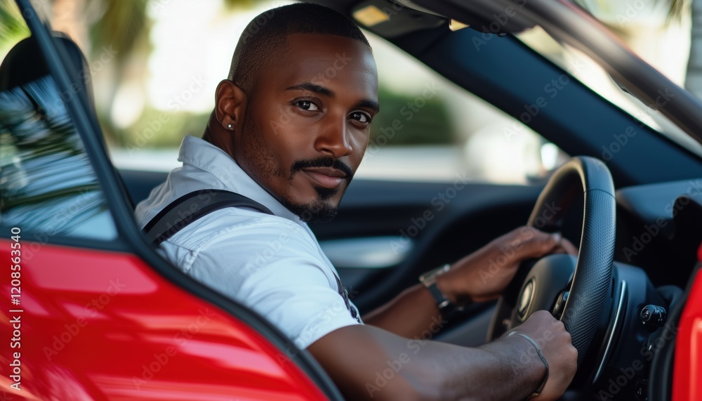 Male Driver Poses For Camera, Seated In Driver'S Seat With Door Ajar ...