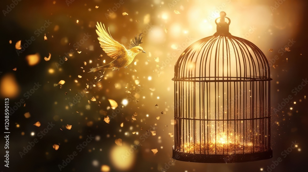 Golden bird escaping from cage in magical glow with floating petals ...