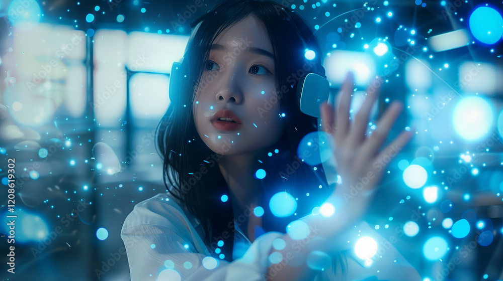 School student with VR headset using AI artificial intelligence ...