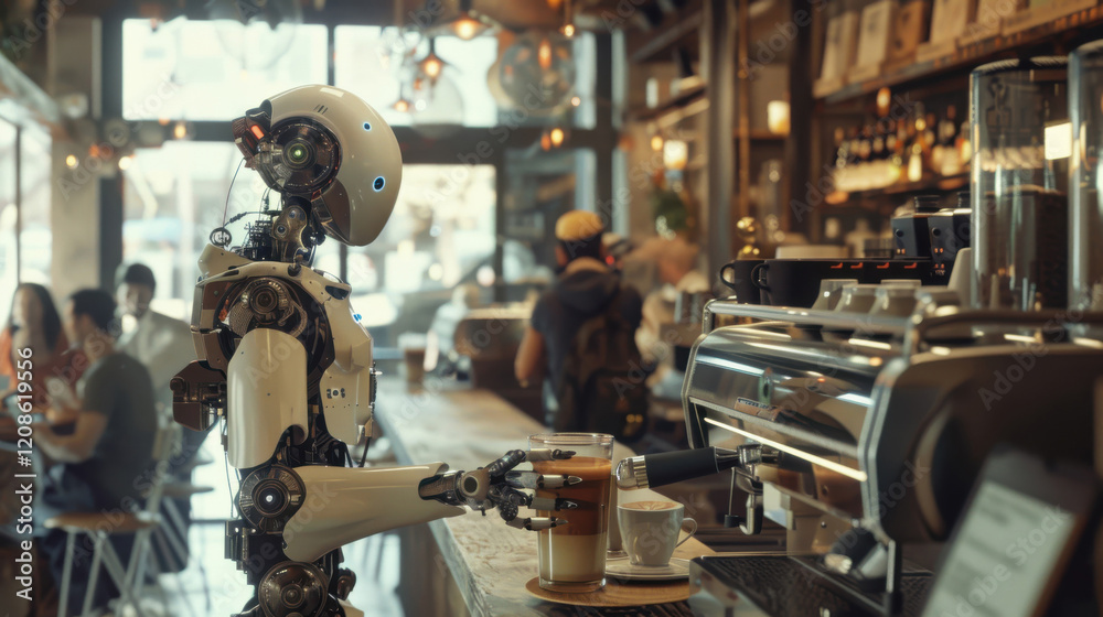 AI powered robot barista serves espresso in a busy metropolitan coffee ...