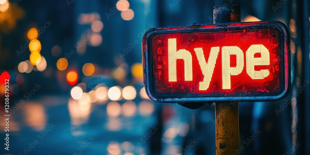 Neon Sign with the Word "Hype" Illuminates Urban Street at Night with ...