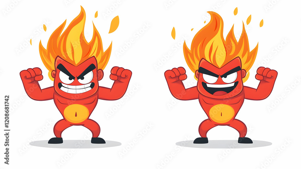 Angry and happy fiery cartoon character, isolated on white background ...