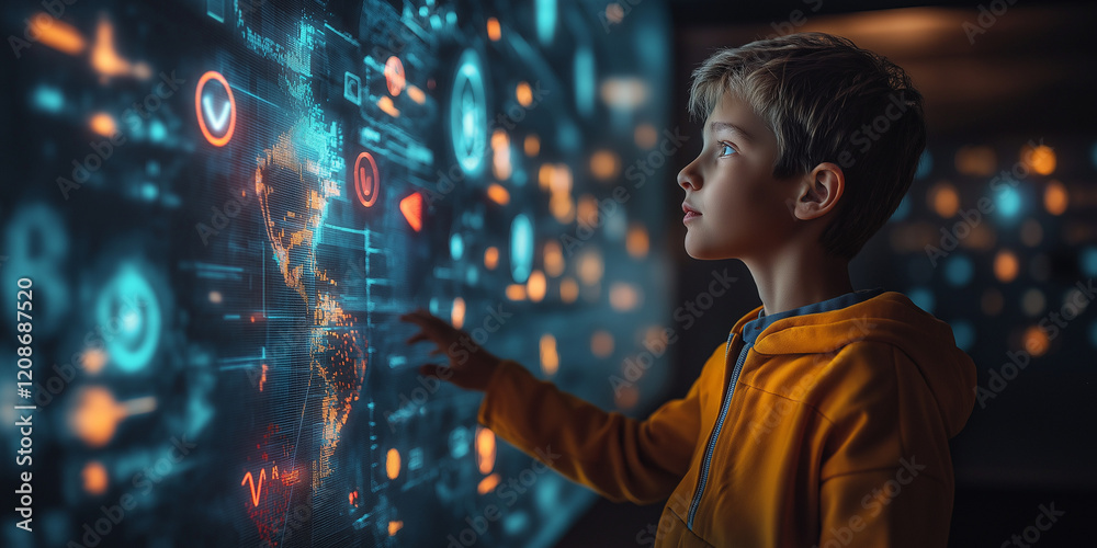 Exploring futuristic technology a young boy engaged with interactive ...