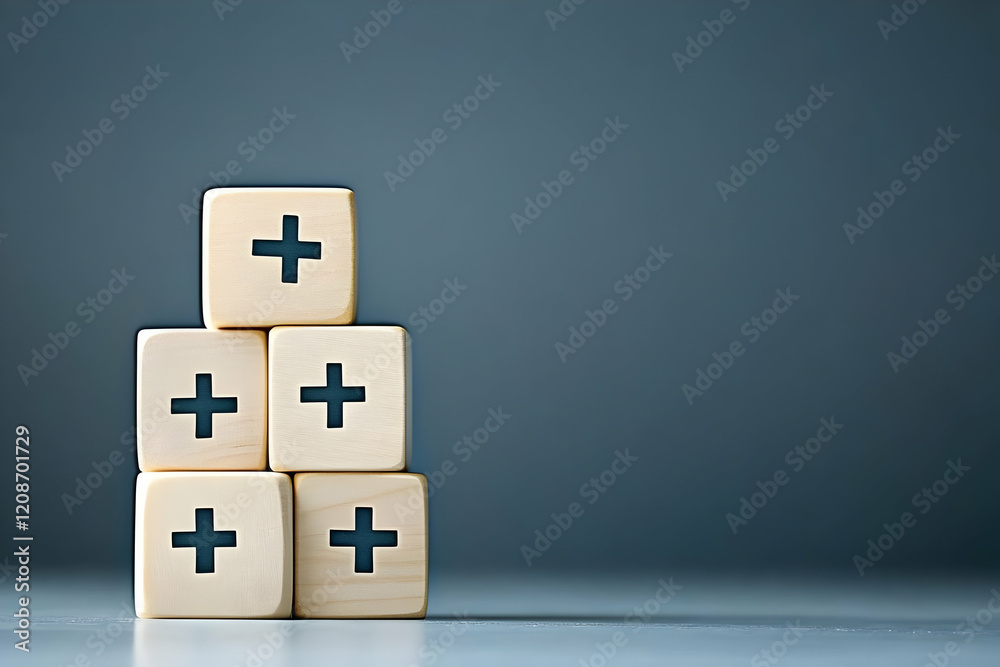 Wooden Cubes Stacked with Plus Symbols Displayed on a Gray Background ...
