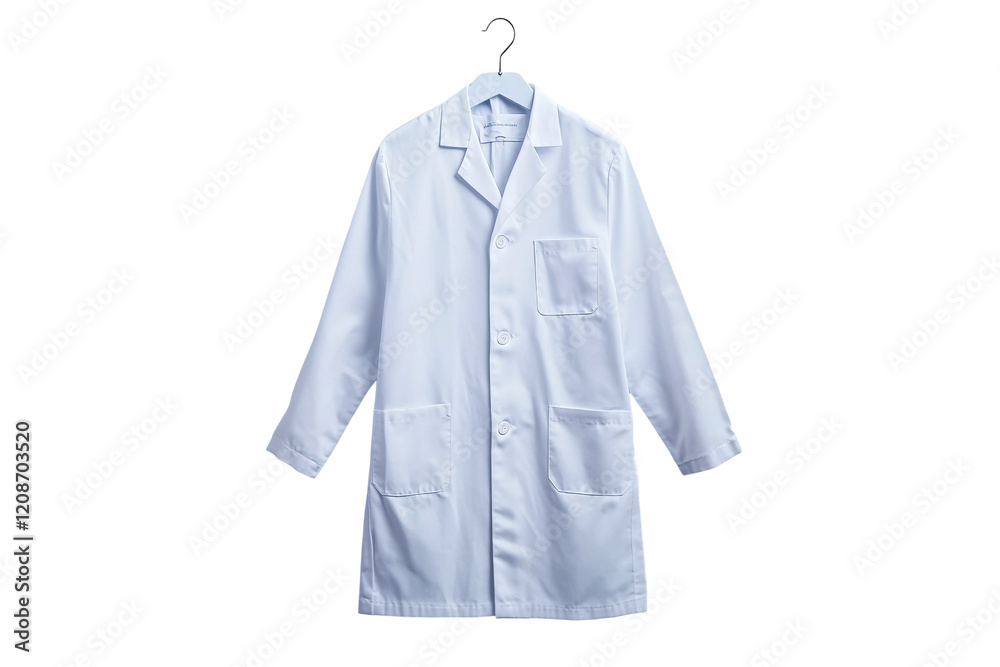 White lab coat hanging on a hook in a clinical setting for medical ...