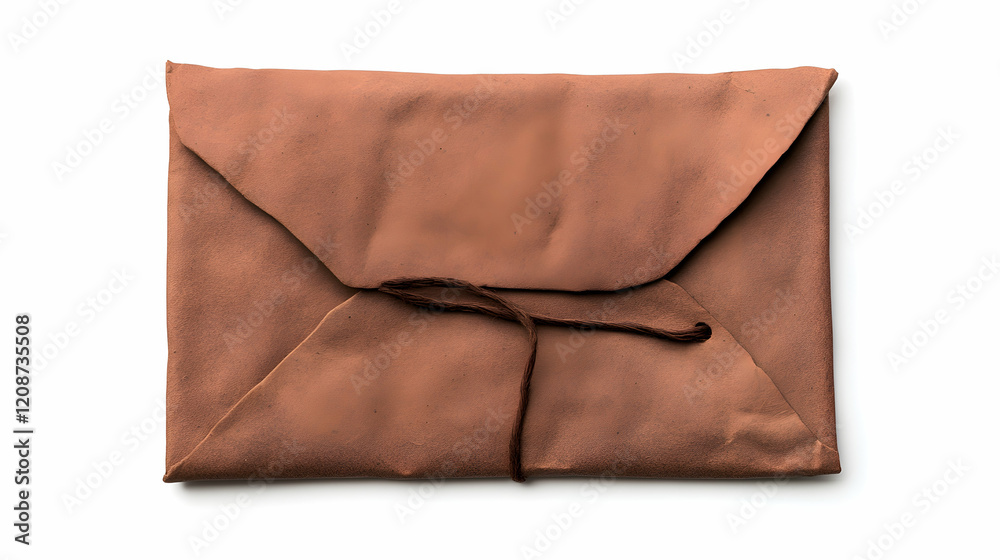 Tied brown leather envelope on white background; vintage letter ...