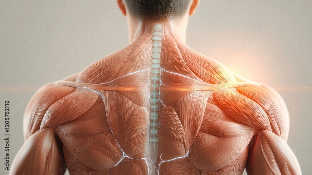 A muscular back with a highlighted spine and nerve pathways ...