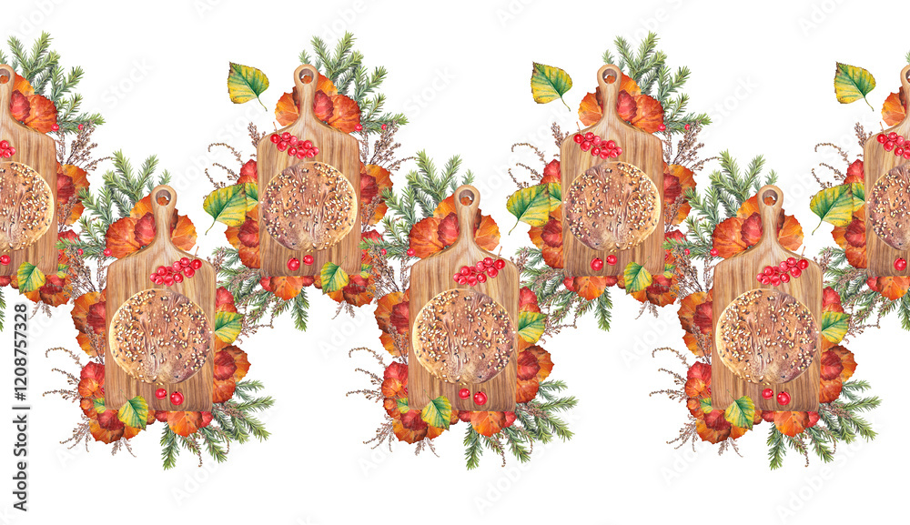 Seamless rim with watercolor loaf of homemade bread and autumn leaves ...