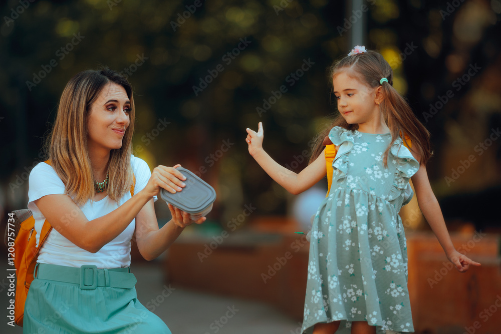 School Girl Refusing the Food Package from her mother. Ungrateful picky ...