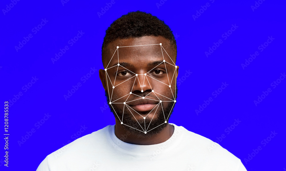A Man Stands Against A Bright Blue Background While A Facial Recognition Technology Overlays