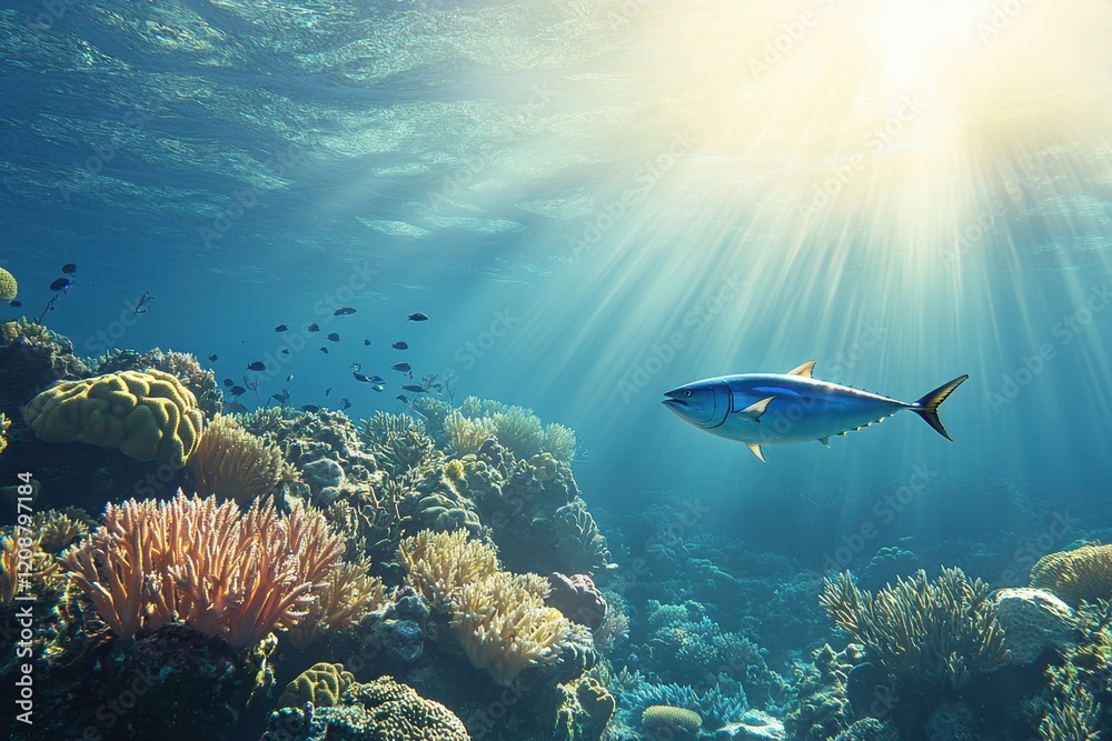 Underwater Scene with Vibrant Coral Reefs and a Majestic Tuna Fish ...