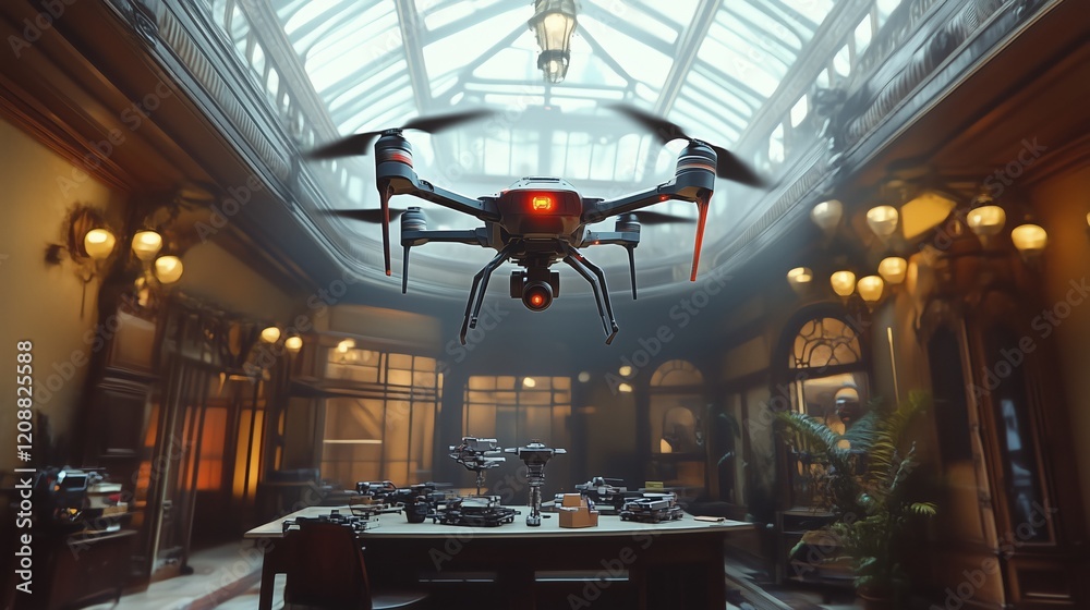 First person view, a drone flying through a mansard roof skylight ...
