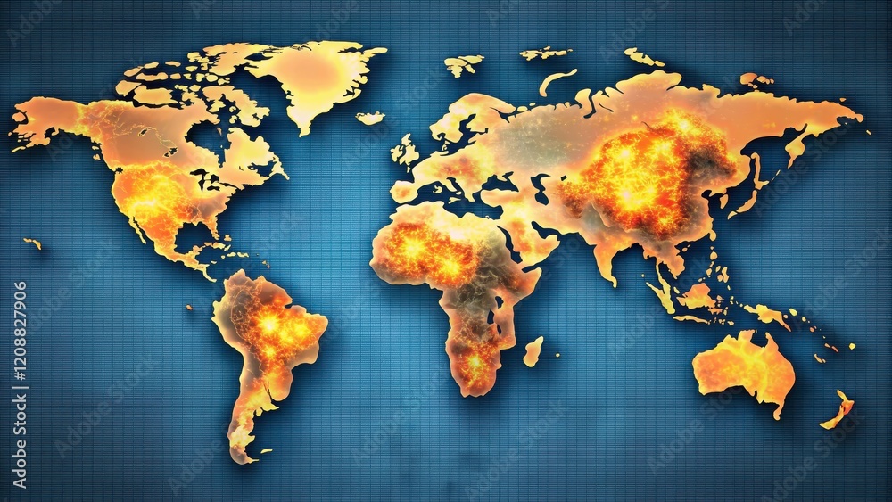 Стокова ілюстрація World map showing multiple nuke explosions, nuclear, war, destruction, global ...