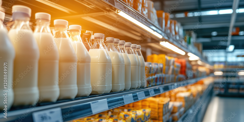 Milk bottles on shelves in grocery store aisle under bright lighting ...