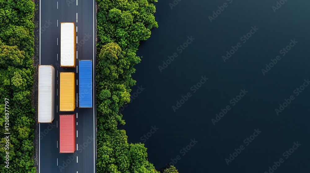 Truck convoy with digital cargo tracking overlay, efficient freight ...