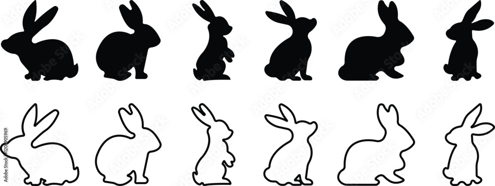 Hare rabbit bunny silhouette black icon in flat, line set. sign symbol ...