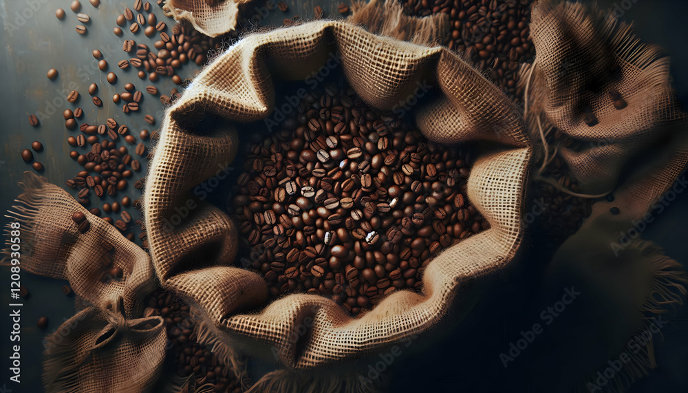 Coffee A top-down view of an open burlap sack revealing a dense layer ...