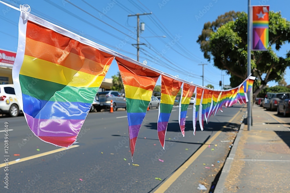 Colorful rainbow flags hang in a row along a street, celebrating ...