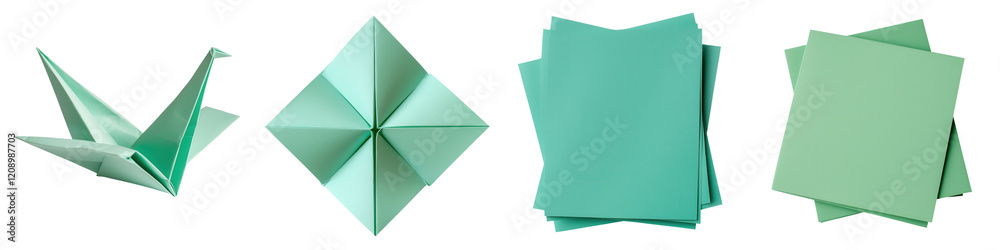 Geometric green origami paper shapes arranged in a studio setting with ...