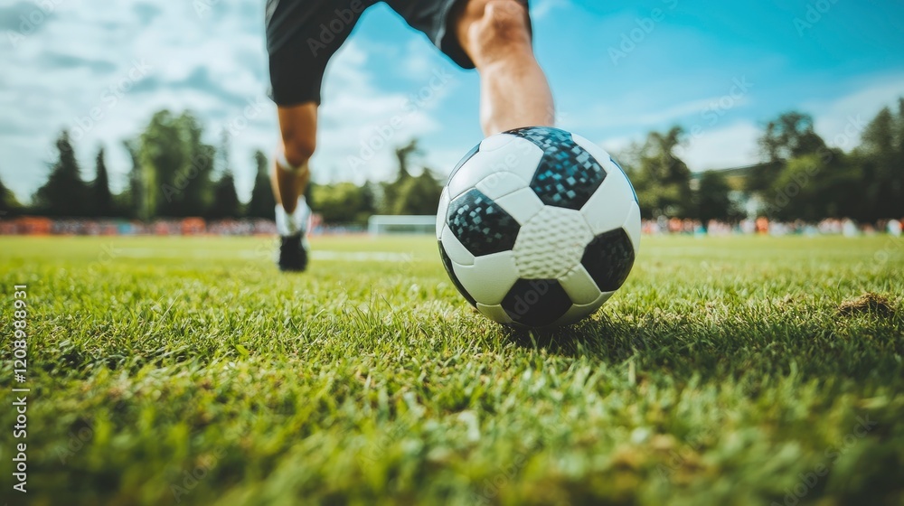 Professional football kicking ball in soccer stadium - Athletic man ...