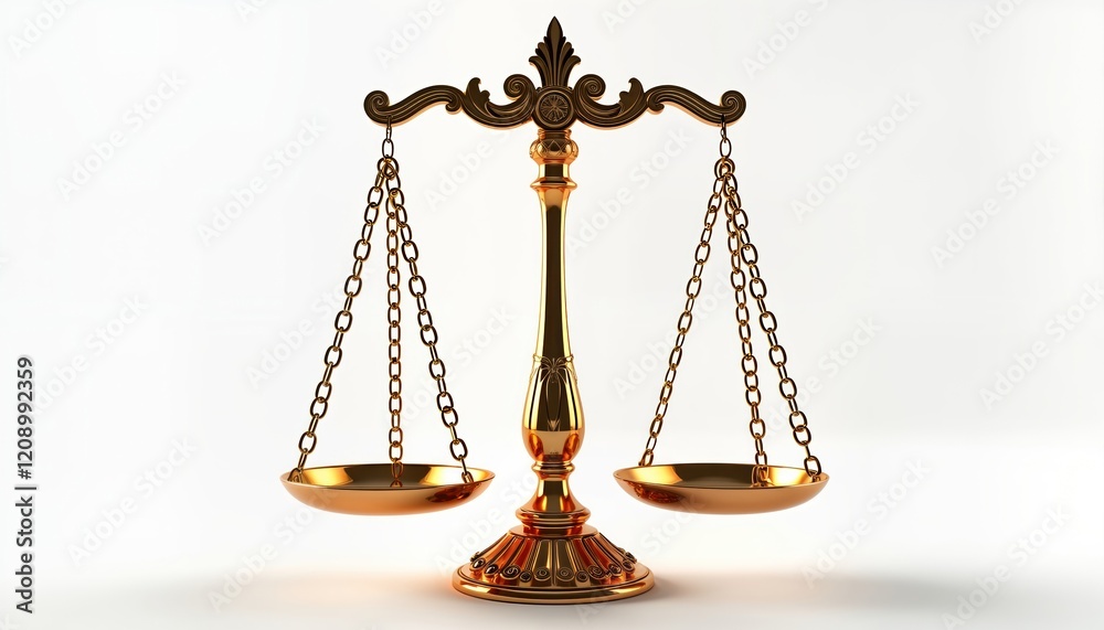 Ornate golden scales of justice balanced on transparent background ...
