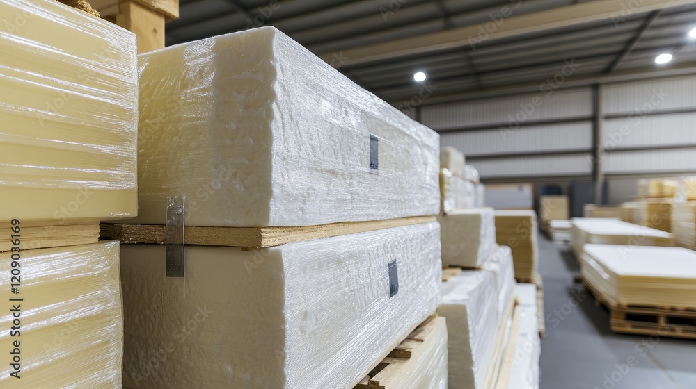 Racked rigid foam insulation panels stored in a factory ready for ...