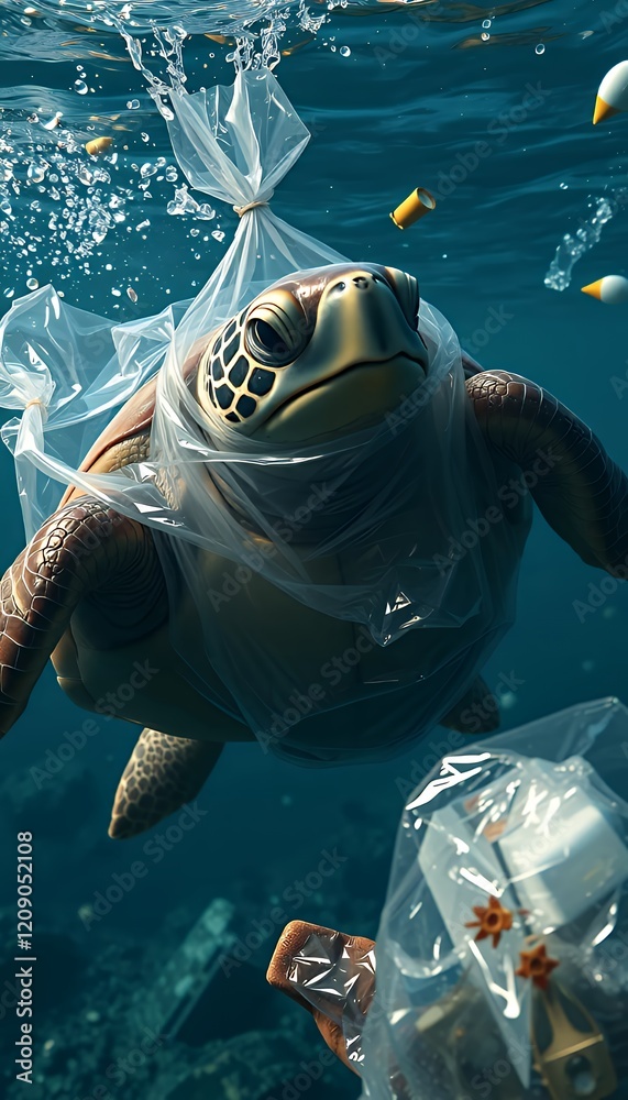 A sea turtle entangled in plastic waste in a polluted ocean, a poignant ...