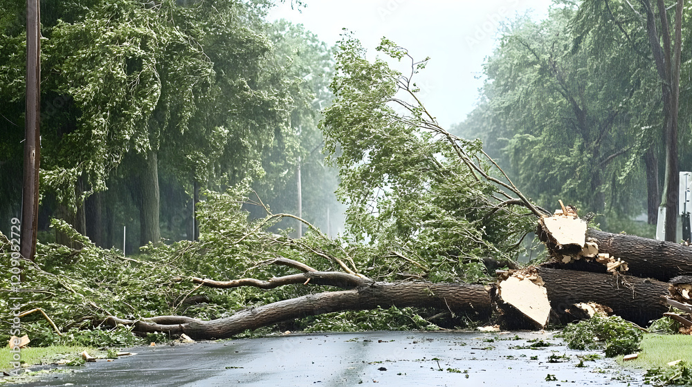 Storm damage aftermath, showing the destruction caused by a severe ...