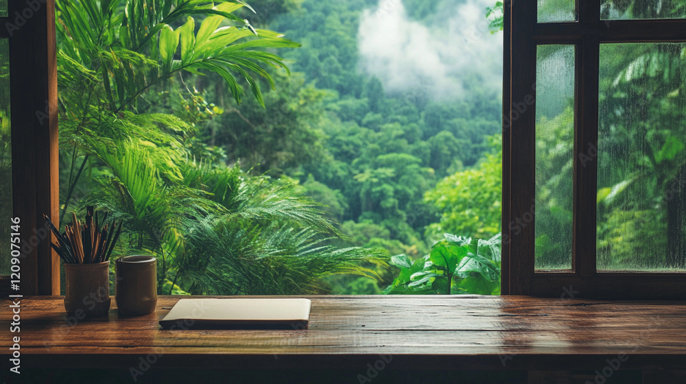 Zoom Background, Desk with view of tropical rainforest. Stock Photo ...