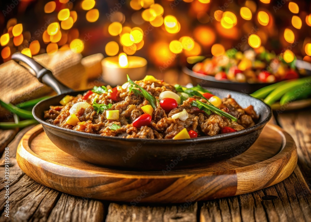 Sizzling sisig, a Filipino feast. Warm hues capture its deliciousness ...