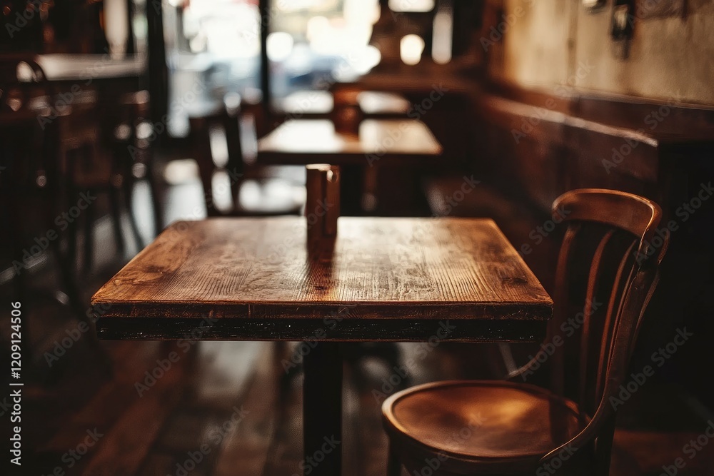 Wooden empty table in front, blurred cafe background. Bar counter key ...