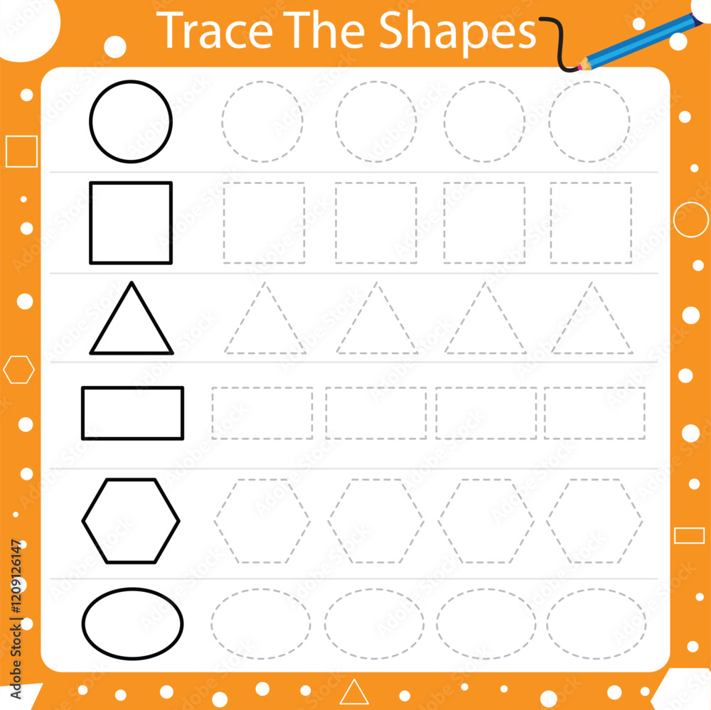 educational worksheet titled "Trace The Shapes" with rows of different ...