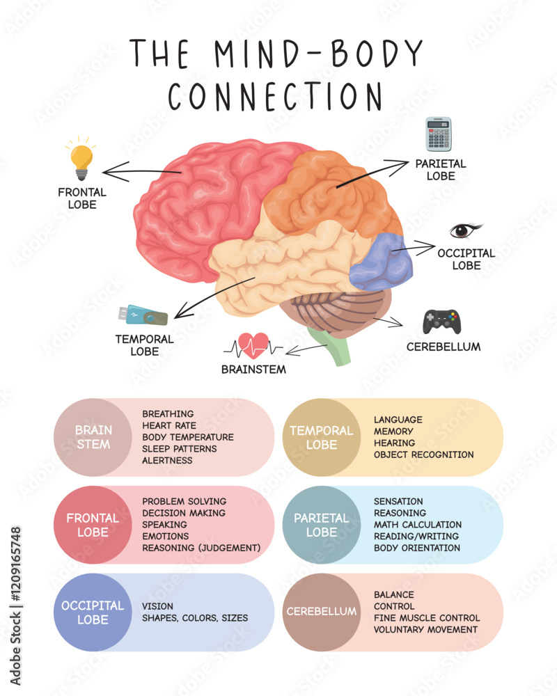 The Mind-Body Connection - Illustrated Brain Anatomy Chart. Educational ...