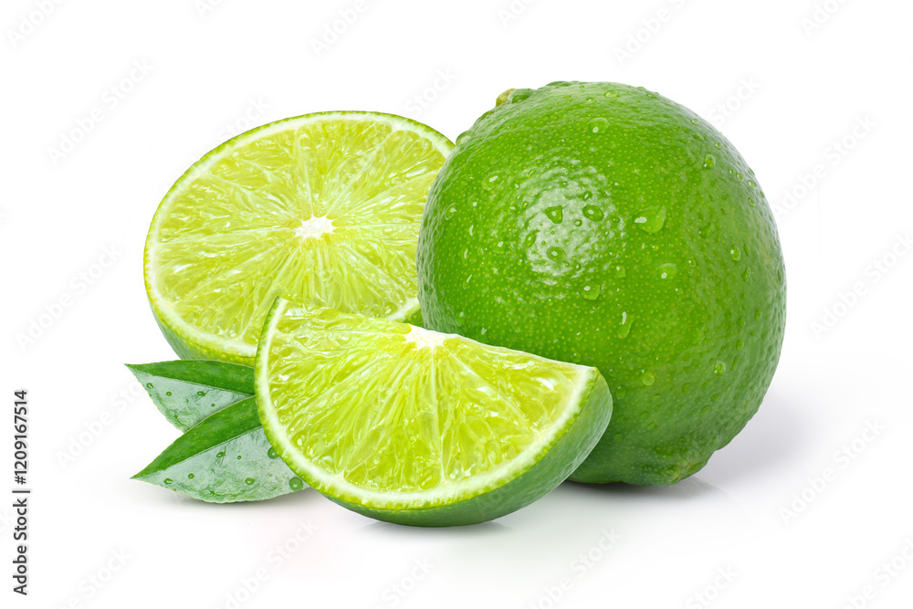 lime with water drops and slice isolated on transparent background ...