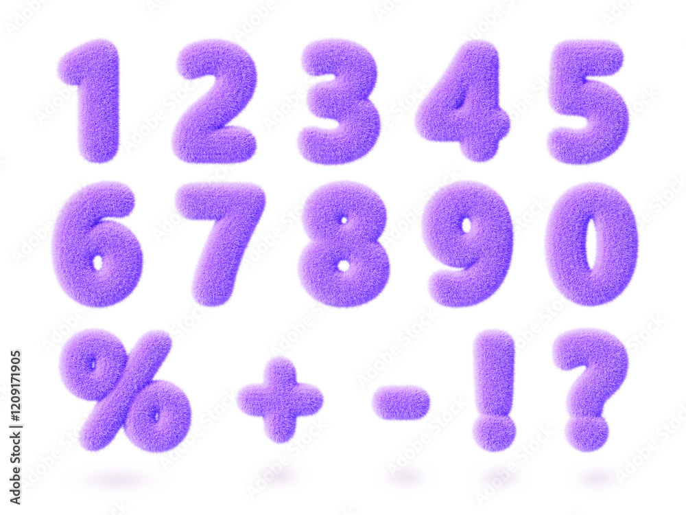 3d fur font, purple fluffy numbers from 0 to 9. Furry wool numeral ...
