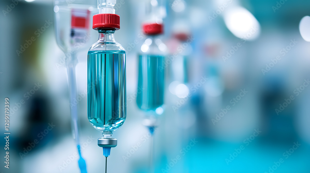 row of intravenous medication bottles with blue liquid in hospital ...
