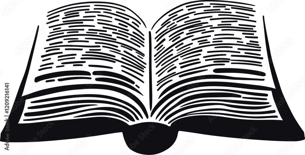 Open book lying on a surface displaying pages filled with text isolated ...