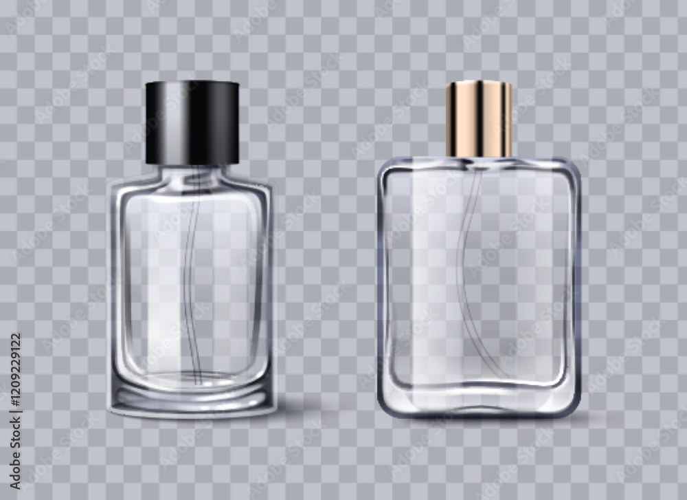 Fragrance glass bottles with black and golden caps on transparent ...