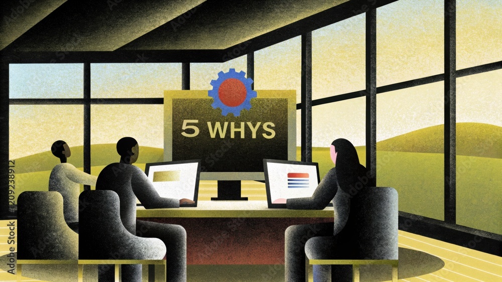 5 WHY analysis concept, Meeting room with 5 WHY presentation displayed ...