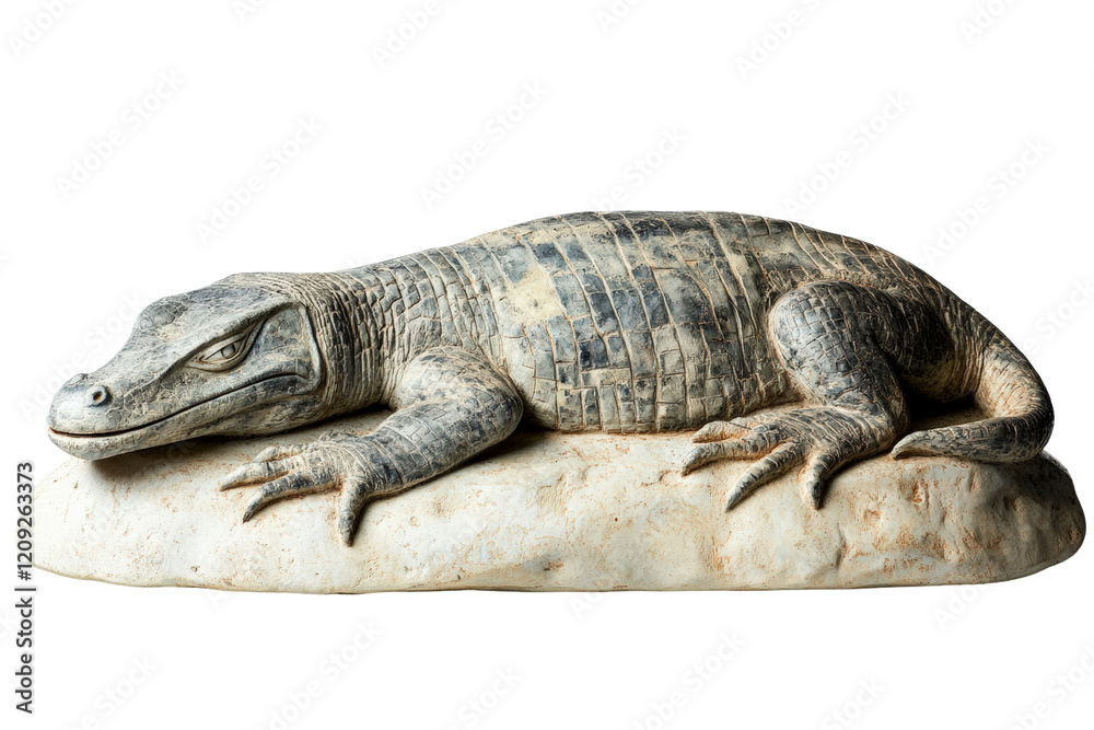 Realistic sculpture of a lizard resting on a stone base in an art ...