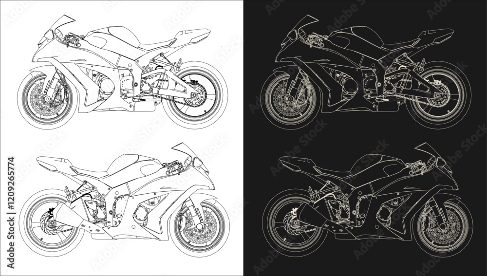 race motorcycle sportbike GP side view. line technical drawing of ...