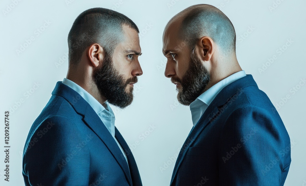 Two handsome men in suits, one with short hair and the other bald, face ...
