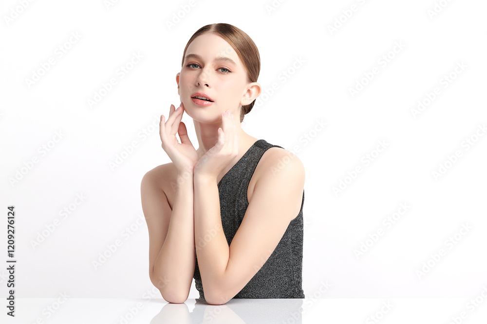 Beautiful young woman with clean fresh skin on white background, Face ...