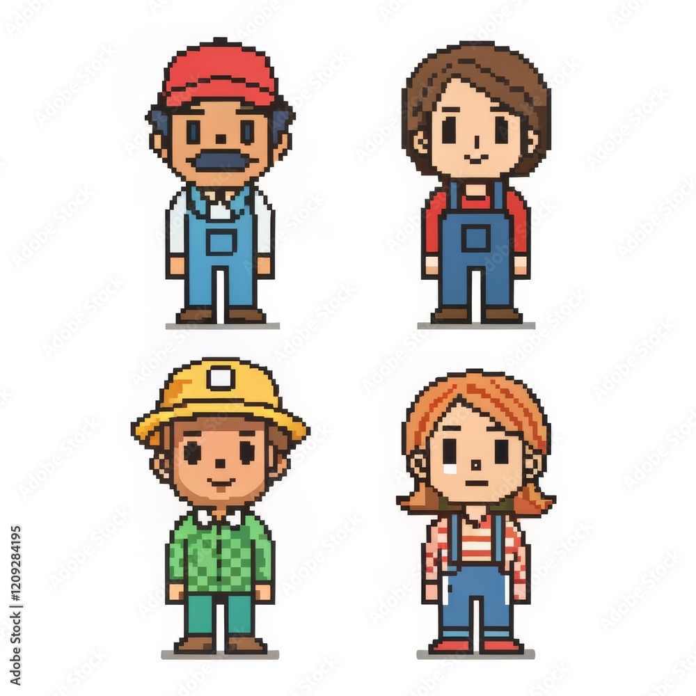 Pixel Art Workers 8-bit Character Design, Four Individuals in Overalls ...